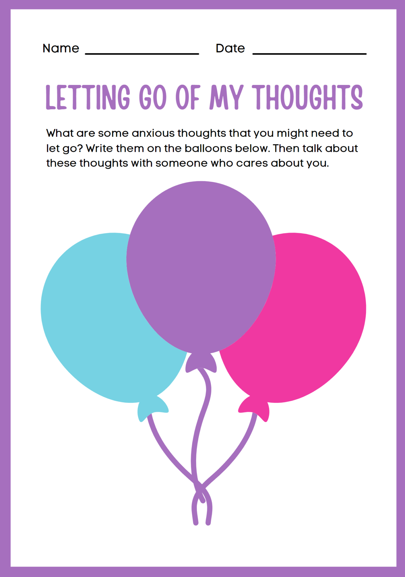 Letting Go of My Thoughts - Therapy Sheets